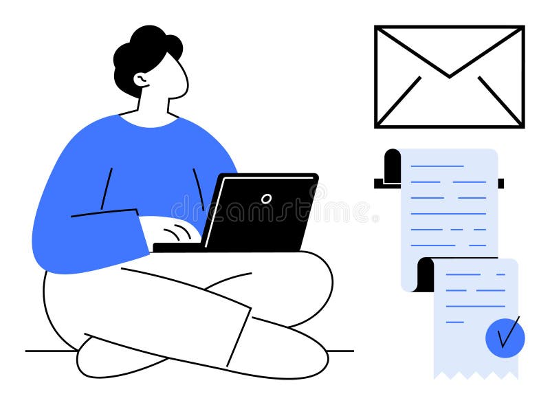 Person Working on Laptop with Documents and Email Icon for ...