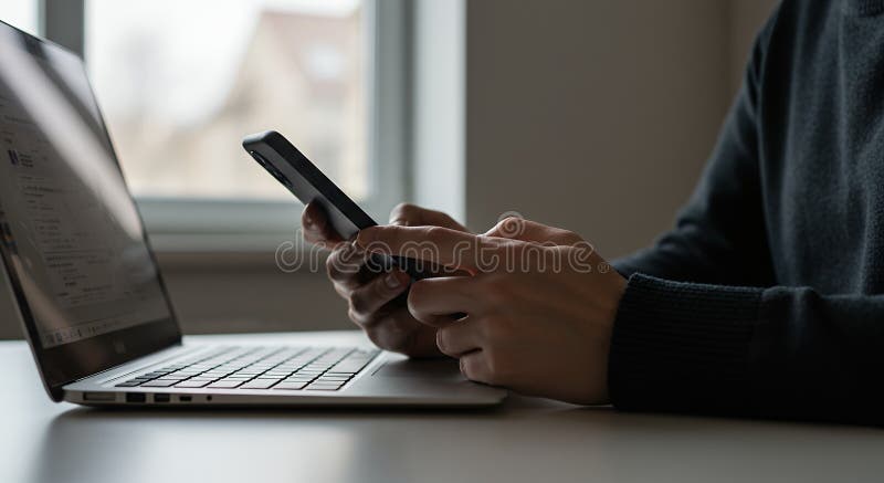 Person Working on Laptop and Smartphone, Modern Workplace Productivity ...