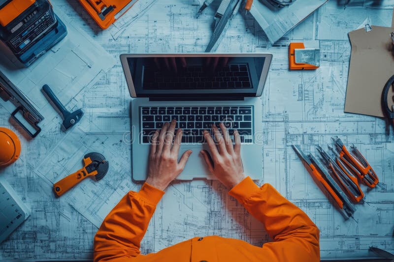 A Person Working on a Laptop Surrounded by Tools and Blueprints on a ...