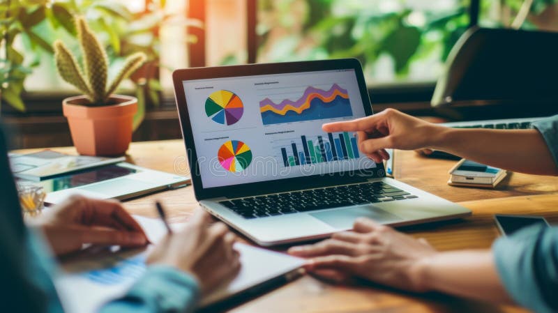 Person Working on a Laptop Which Displays Various Colorful Charts and ...