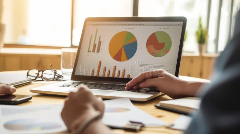 Person Working on a Laptop Which Displays Various Colorful Charts and ...