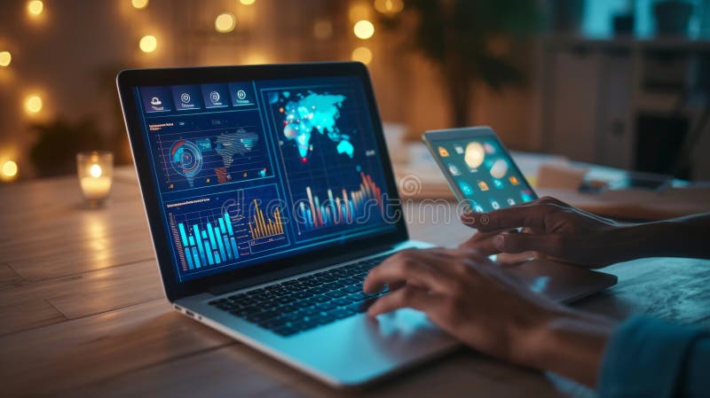 Person Working on a Laptop Which Displays Various Colorful Charts and ...