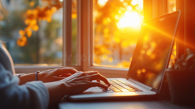 Person Working on Laptop by Window at Sunset Stock Illustration - Illustration of internet, work ...