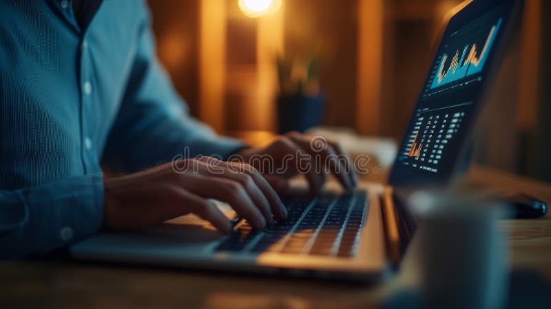 Person Working Late at Night on a Laptop while Analyzing Financial Graphs in a Cozy Indoor ...