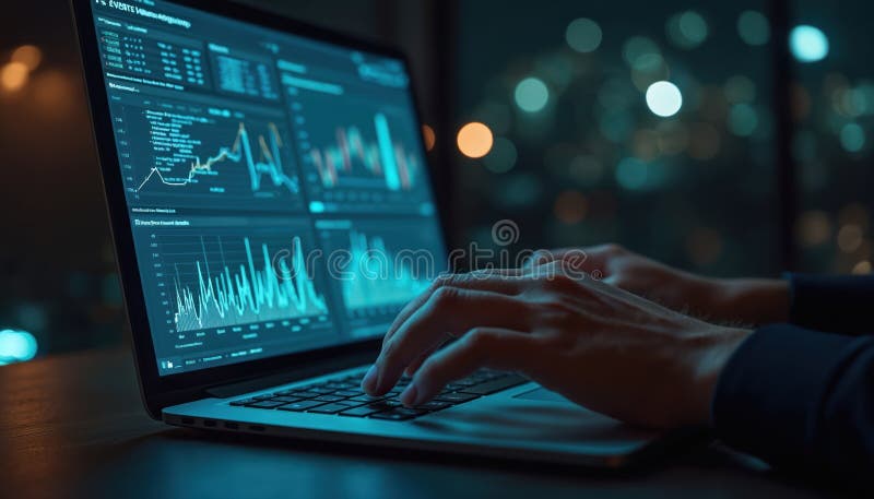 Person Working Late, Typing on Laptop, Studying Data Charts Graphs. Analysis, Coding ...