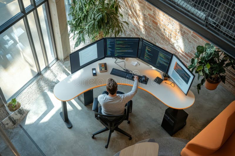 A Person Working at a Modern Desk with Multiple Monitors in a Bright ...