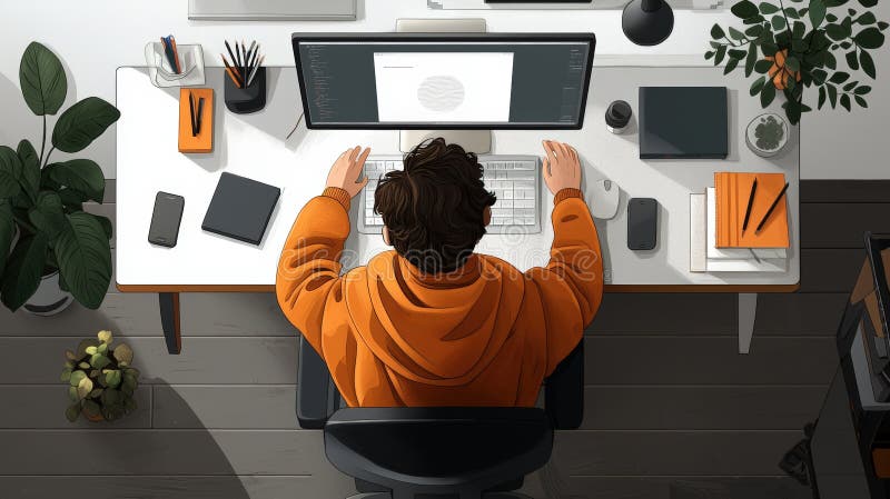 Person Working at a Modern Desk Setup Stock Illustration - Illustration ...