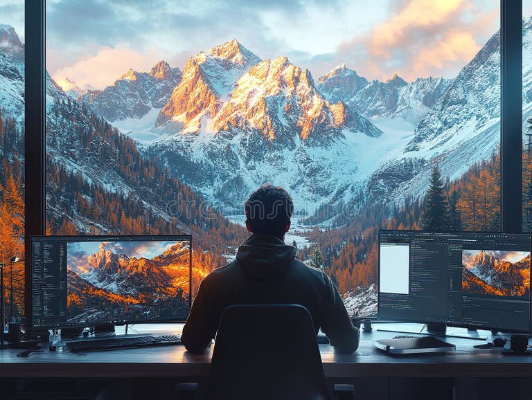 A Person is Working at a Modern Workspace with Multiple Computer ...