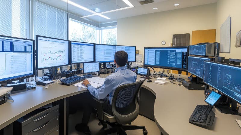 A Person Working at a Multi-monitor Setup in a Modern Office ...