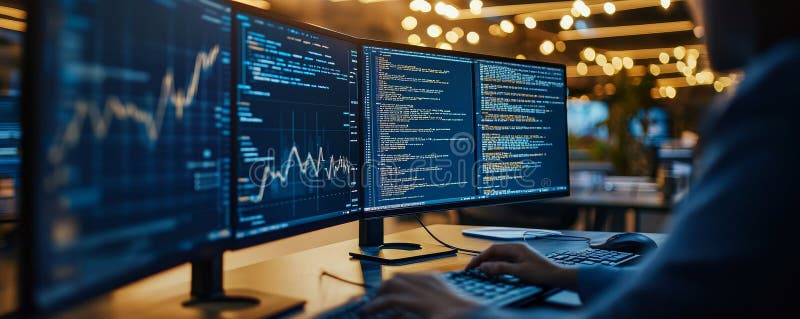 A Person Working On Multiple Computer Screens Displaying Data And Coding In A Modern Workspace