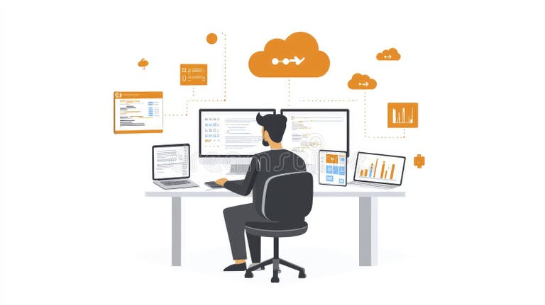 Person Working on Multiple Computers Connected To a Cloud Stock ...