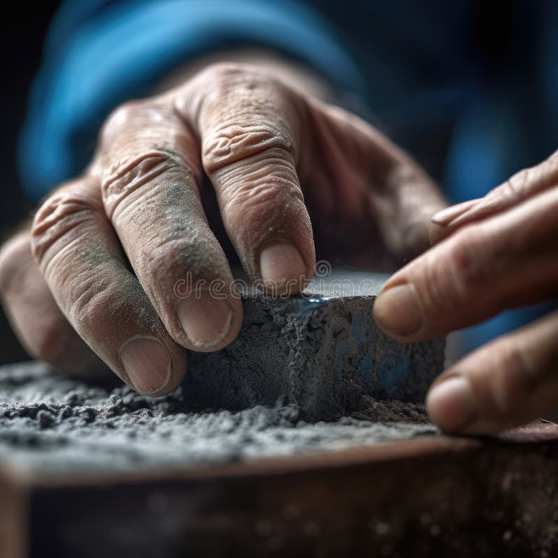 Person is Working on Piece of Stone or Rock. they are Holding it in ...