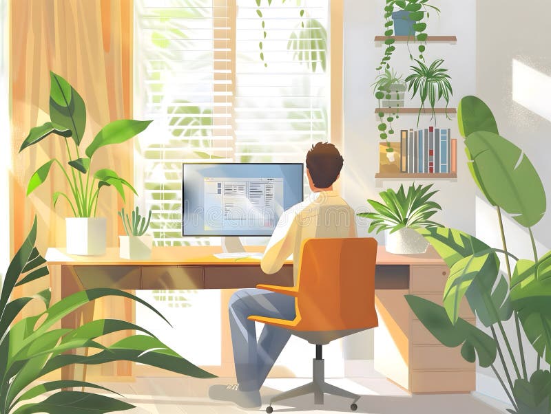 A Person Working Remotely from a Cozy Home Office Stock Illustration ...