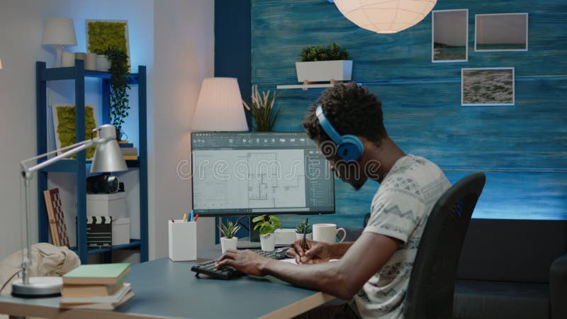 Person Working with Sketch of Blueprint Plan on Computer Stock Photo ...