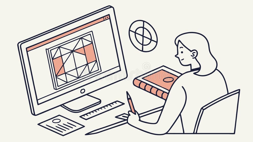 Person Working on Technical Drawings with Computer and Tools, Vector ...