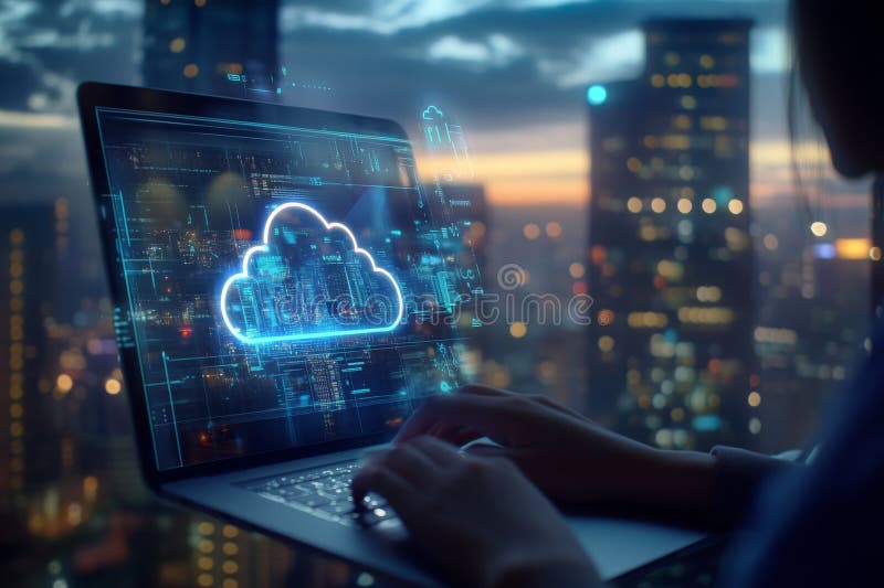 A Person is Working on Their Laptop, with Digital Clouds and Orange Folder Icons Hovering Above ...