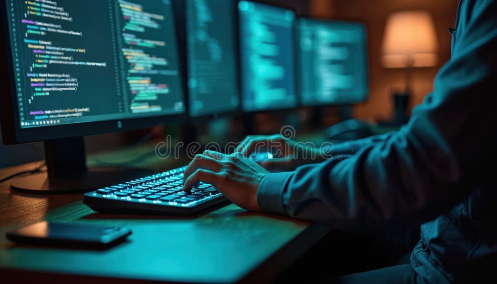 Person Works at Computer, Coding. Programmer Types on Keyboard, Using ...