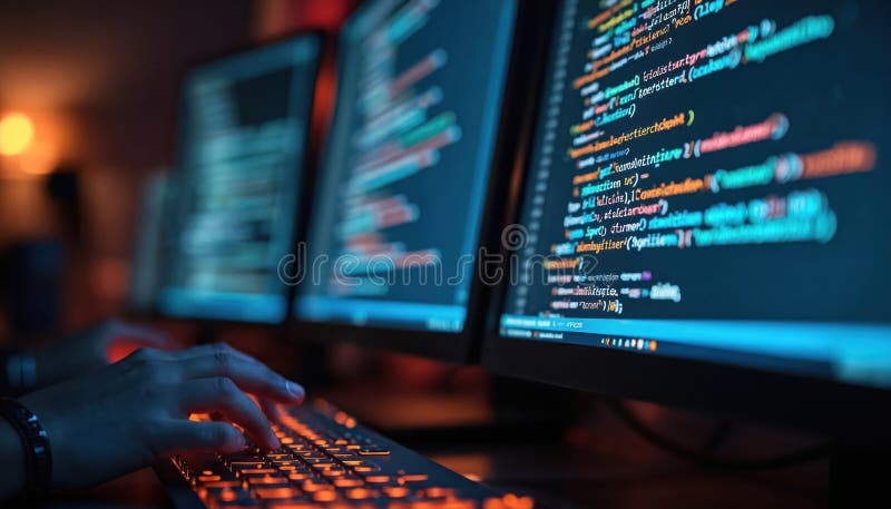 Person Works on Computer, Writing Program Code. Multiple Monitors Display Lines of Software ...