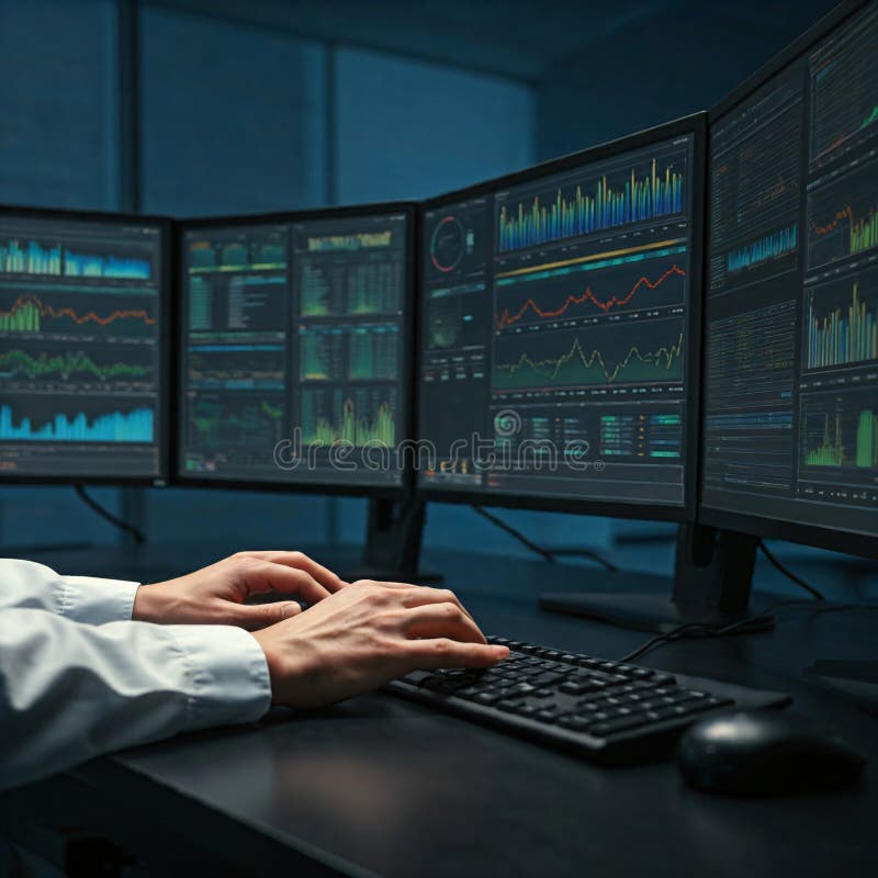 A Person Works Diligently on a Computer with Multiple Monitors Displaying Complex Data ...