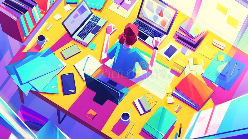 Person Works Efficiently on Multiple Projects, Juggling Laptops ...