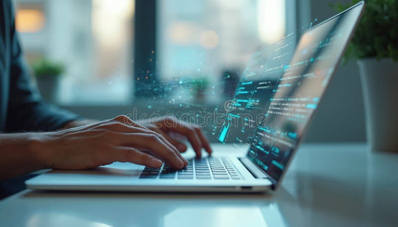 Person Works on Laptop, Coding, Analyzing Data in Tech-infused Workspace. Software Interface ...