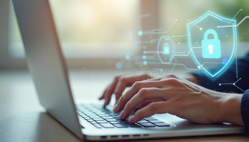 Person Works on Laptop. Focus on Cyber Security. Modern Tech Tools ...