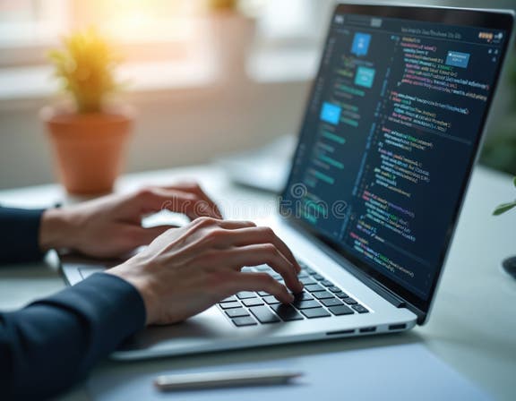 Person Works On Laptop With Gui Interface Coding On Computer Man