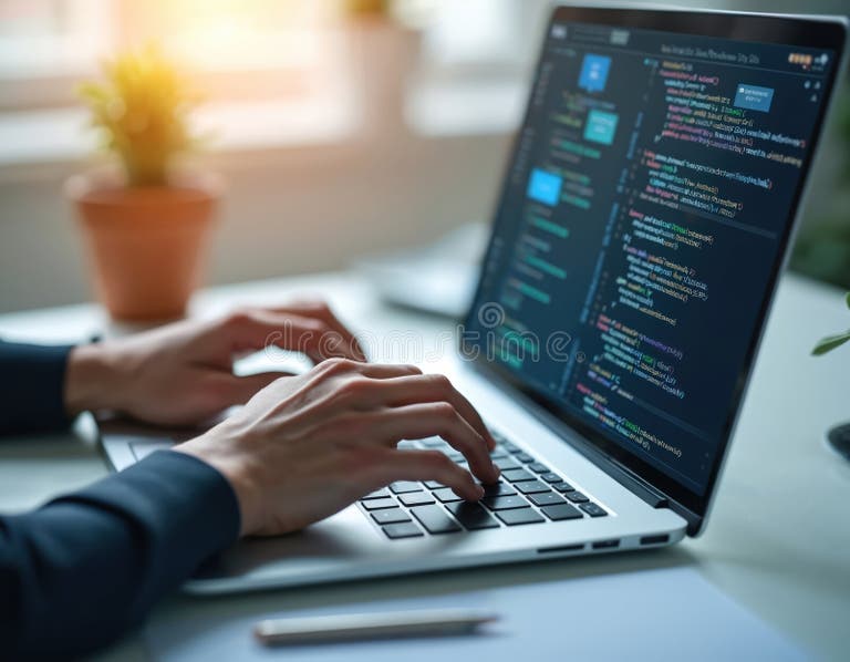 Person Works on Laptop with GUI Interface, Coding on Computer. Man ...