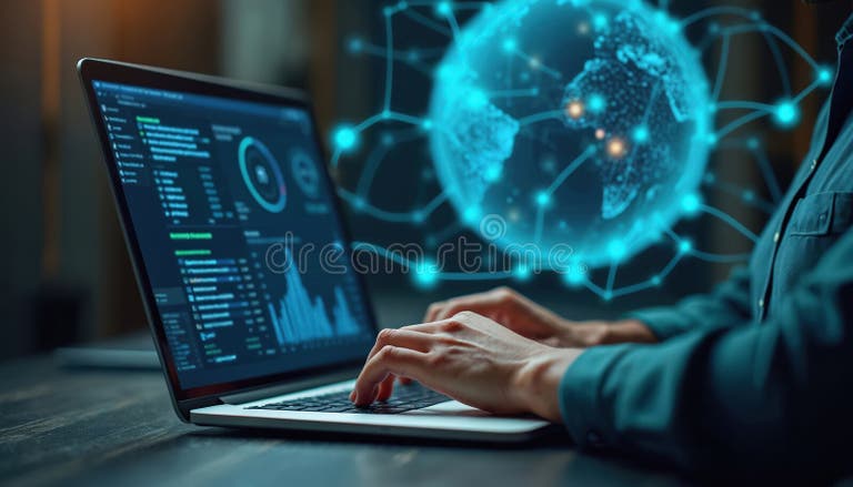 Person Works on Laptop with Tech Support Software, Global Network ...