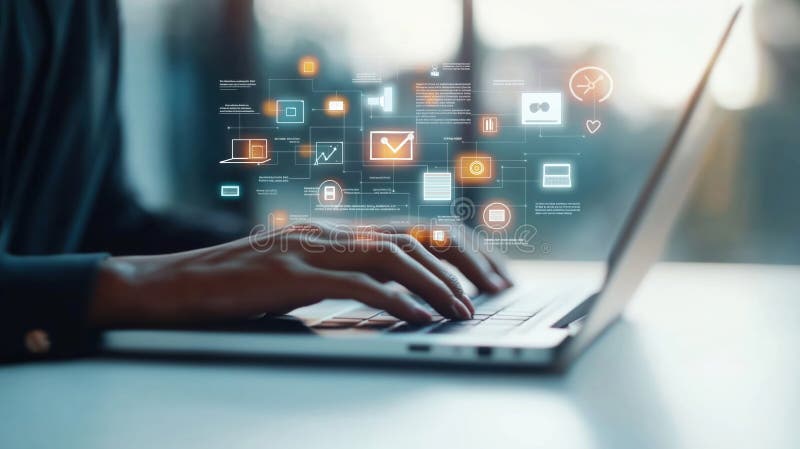 Person Works on Laptop. Person Types on Laptop Keyboard. Tech Skill Gap ...