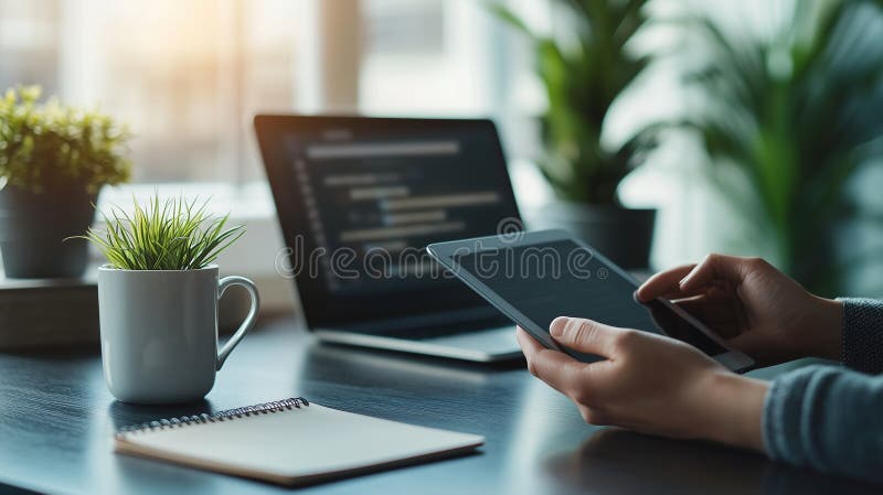 Person Using Tablet with Laptop and Plants on Desk in Bright Workspace ...