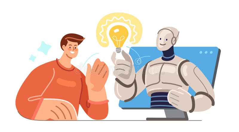 Person Works Together with Artificial Intelligence. Virtual Assistant Helps To Come Up with ...