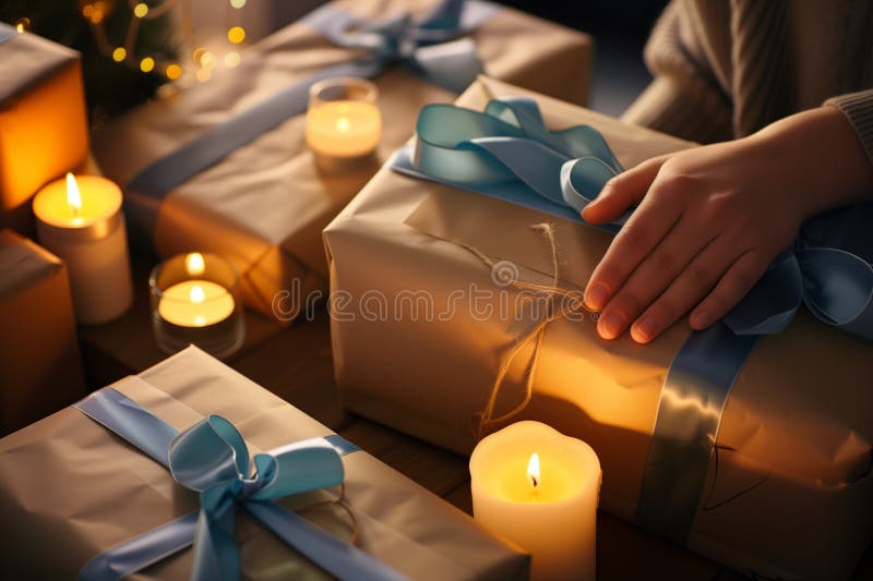 Person Wrapping Gifts, Candlelight Casting a Soft Glow Stock Image ...