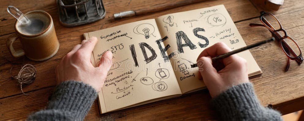 Person Brainstorming Ideas in a Notebook with Coffee and Creative Tools ...