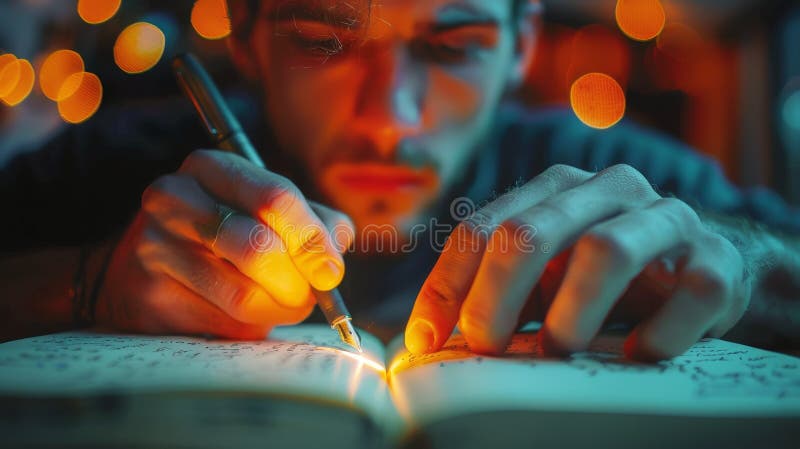 Person Writing on Book with Pen Stock Image - Image of table, generated ...