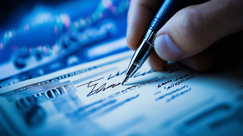 A Person is Writing on a Check with a Pen Stock Image - Image of note ...