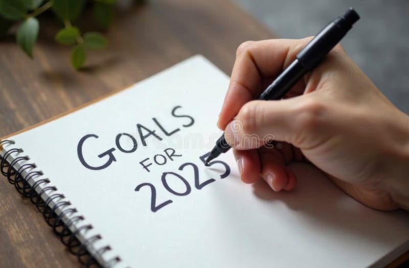 A Person is Writing Down Goals for 2025 in a Notebook on a Wooden ...