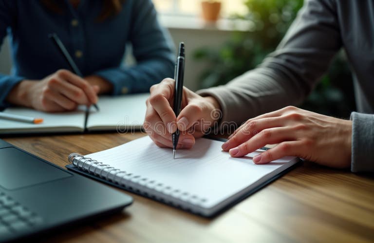 Person Writing in Notebook at Desk. Hands Holding Pen, Writing on ...