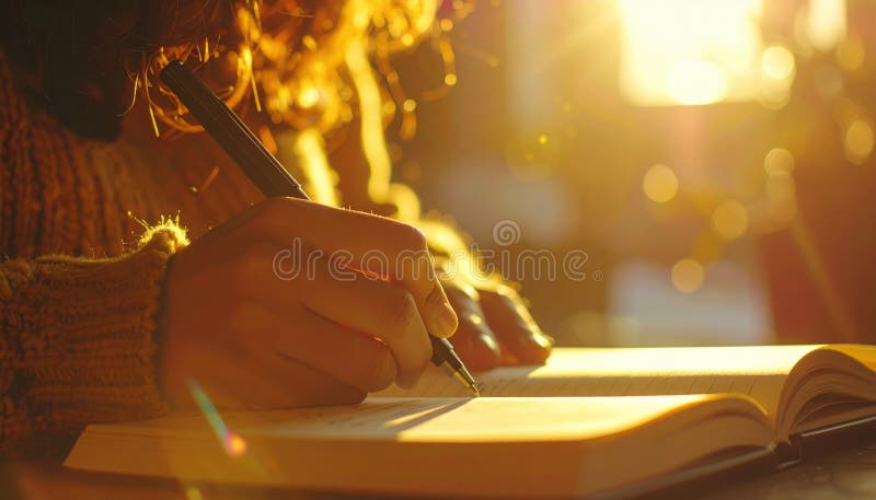 Person Writing in a Notebook Du Sunset with Warm Lighting and Bokeh ...