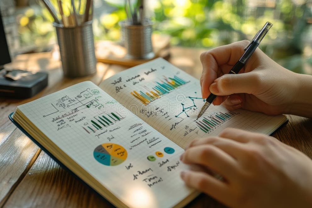 A Person is Writing in a Notebook with Graphs and Numbers Stock ...