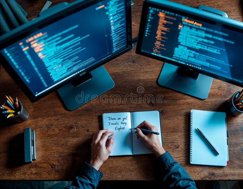 A Person is Writing on a Notebook while Looking at Two Computer Screens ...