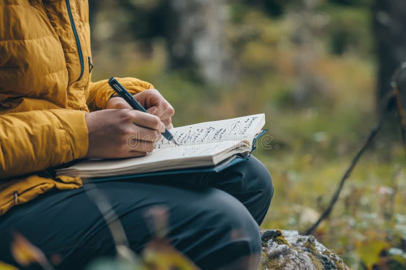 Person Writing in a Notebook in Nature Stock Illustration ...
