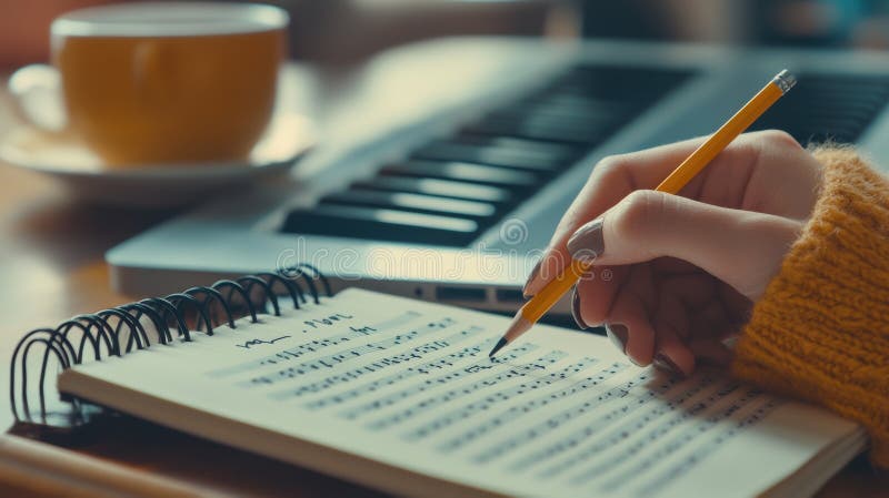 A Person Writing in a Notebook with Pencil and Laptop, AI Stock Image ...
