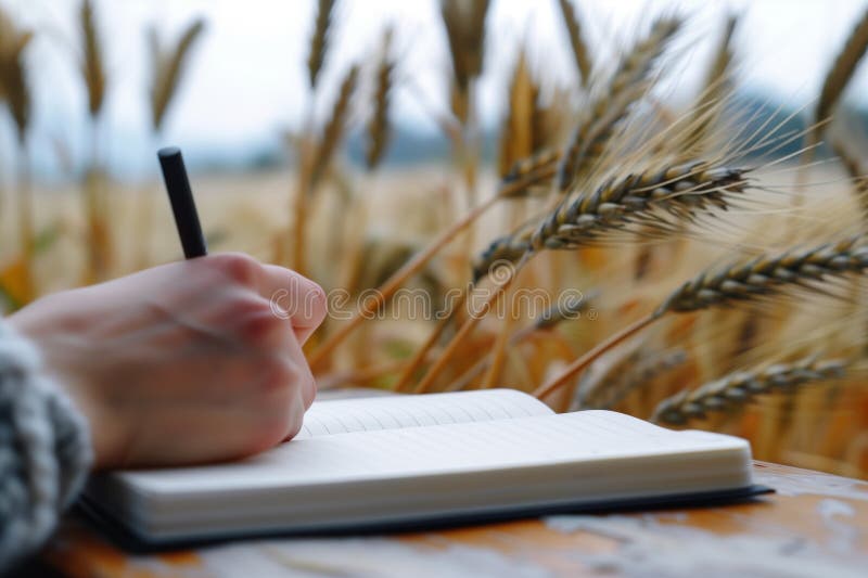 Person Writing in a Notebook with Rye Ears in the Background Stock ...