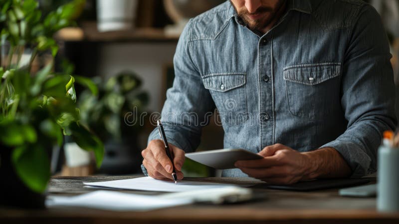 Person Writing Notes while Seated at a Desk Surrounded by Plants Stock ...