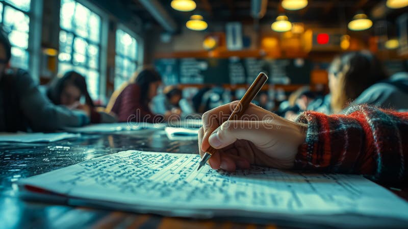 A Person is Writing on a Piece of Paper in a Classroom Stock Image ...