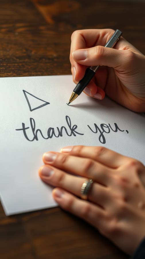 Person Writing a Thank You Note with a Triangular Design on a White ...
