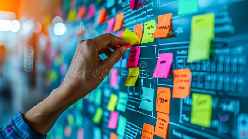 A Person is Writing on a Wall with Colorful Sticky Notes. Stock Photo ...