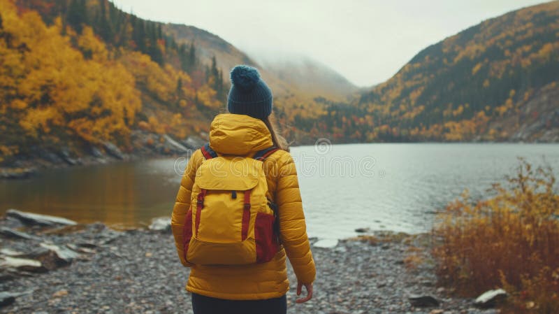 A Person with a Yellow Backpack Standing on the Shore of a Lake, AI ...