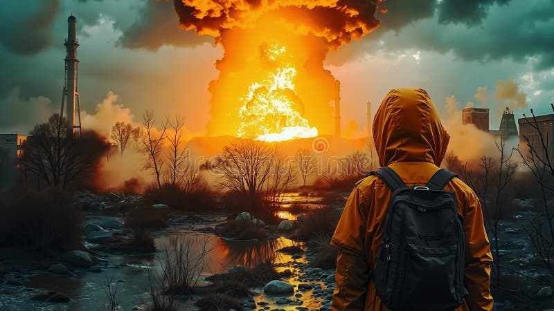 A Person Standing in Front of a Nuclear Power Plant with a Backpack ...